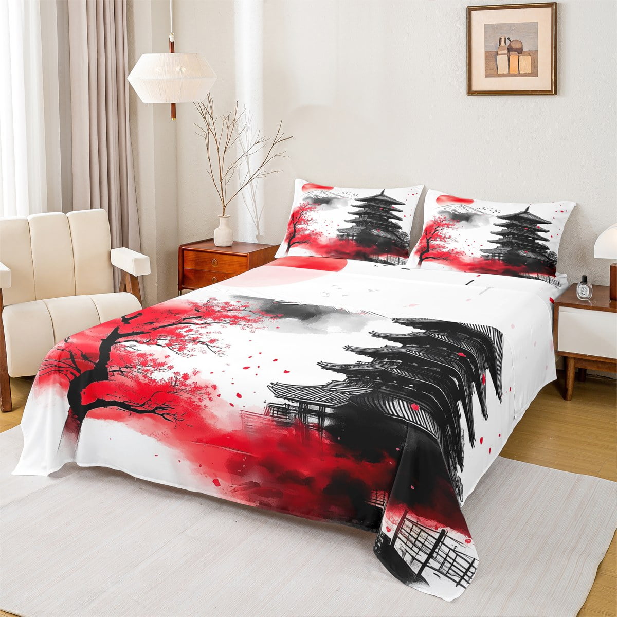 Feelyou Japanese Style Bed Sheets, Mount Fuji Cherry Blossoms King ...