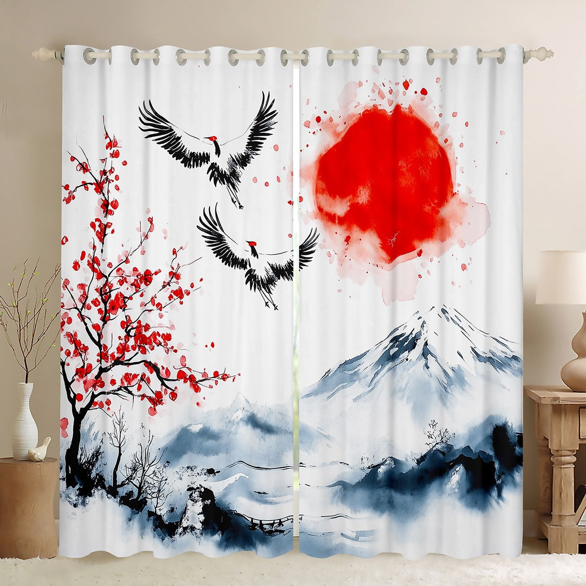 Feelyou Japanese Style Curtains and Drapes, Watercolor Mountain Crane ...