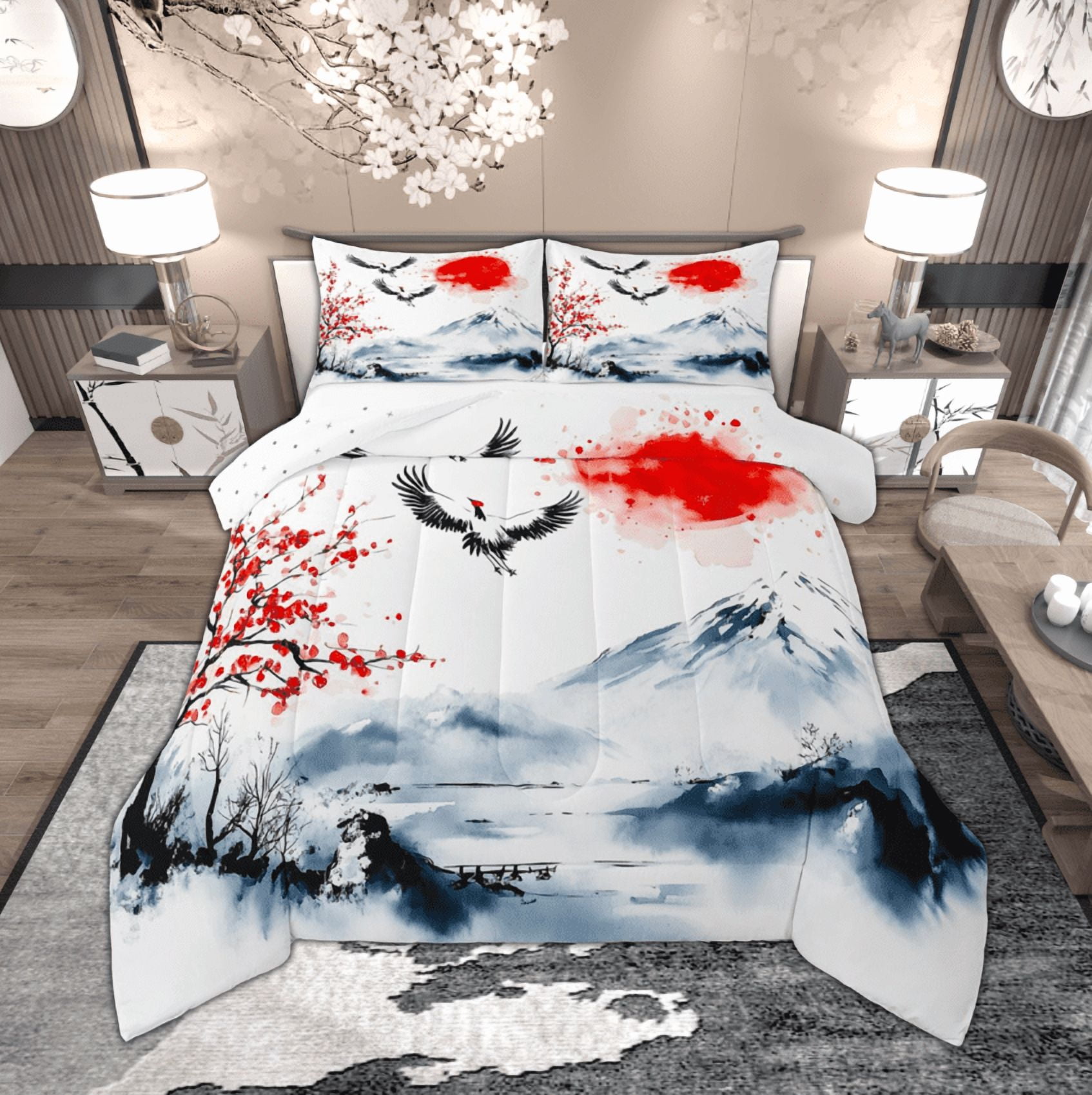 Feelyou Japanese Style Queen Comforter Set, Watercolor Mountain Crane Bedding Sets, Oriental Ink ...