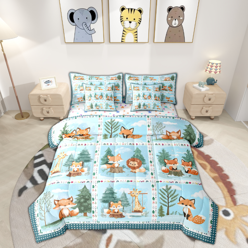 Feelyou Jungle Animal Bedding Comforter Set 7pcs for Kid, Cute Fox Lion ...
