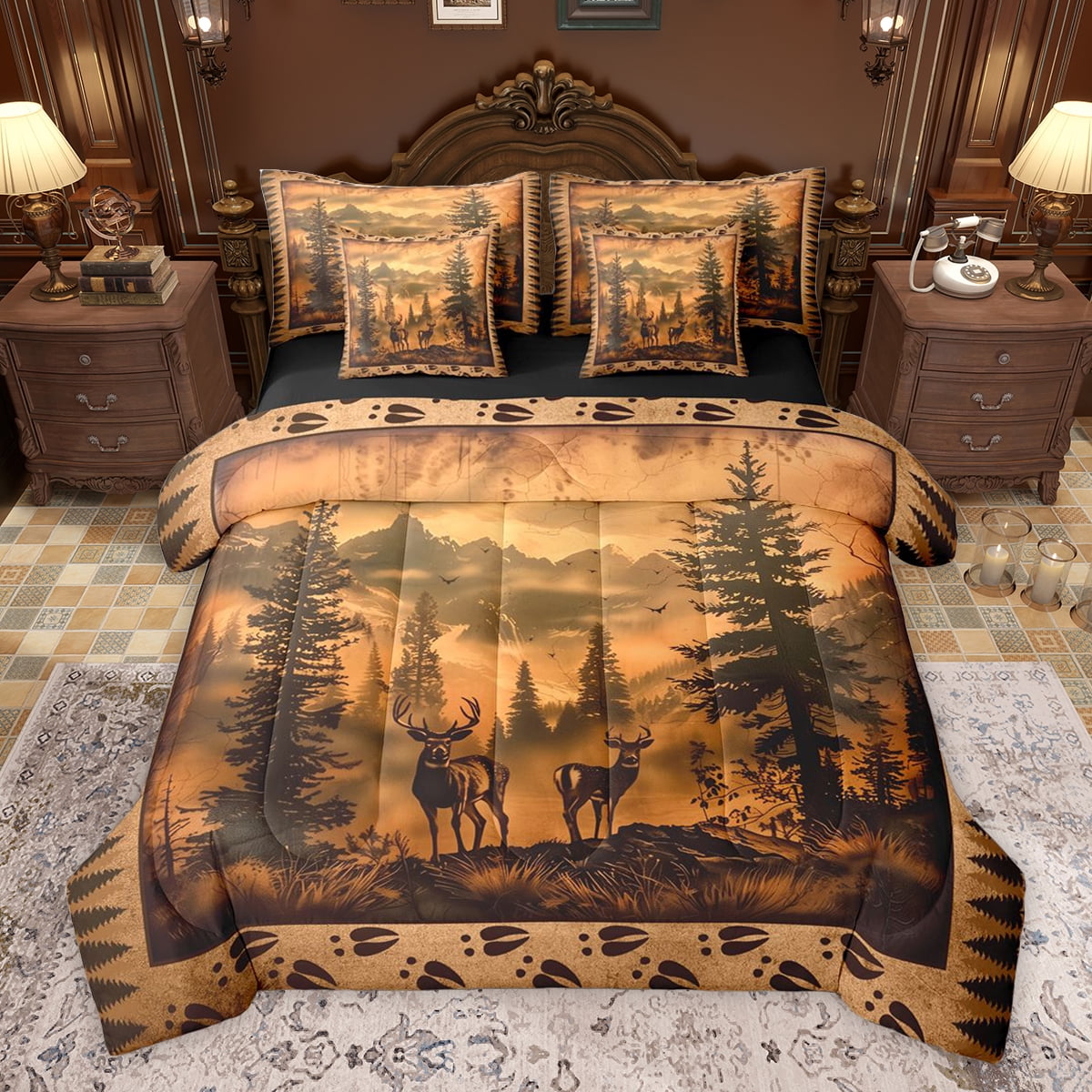 Feelyou Jungle Deer Moose Bedding Comforter Set 7pcs, Brown Rustic Lake ...