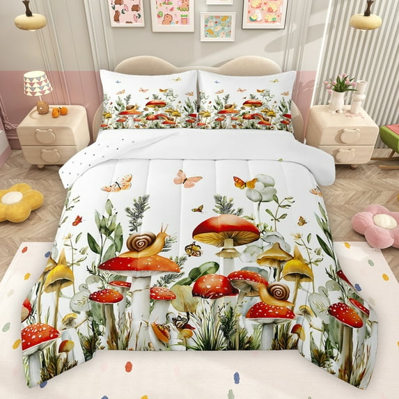 Feelyou Jungle Mushroom Queen Comforter Set, Kawaii Snail Butterfly ...