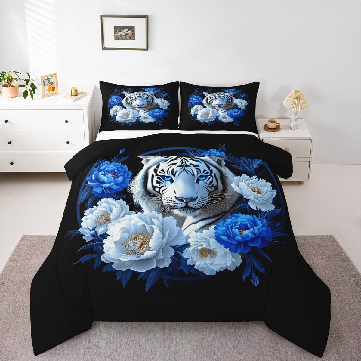 Feelyou Jungle White Tiger Bedding Comforter Set, Blue Rose Flower Twin ...