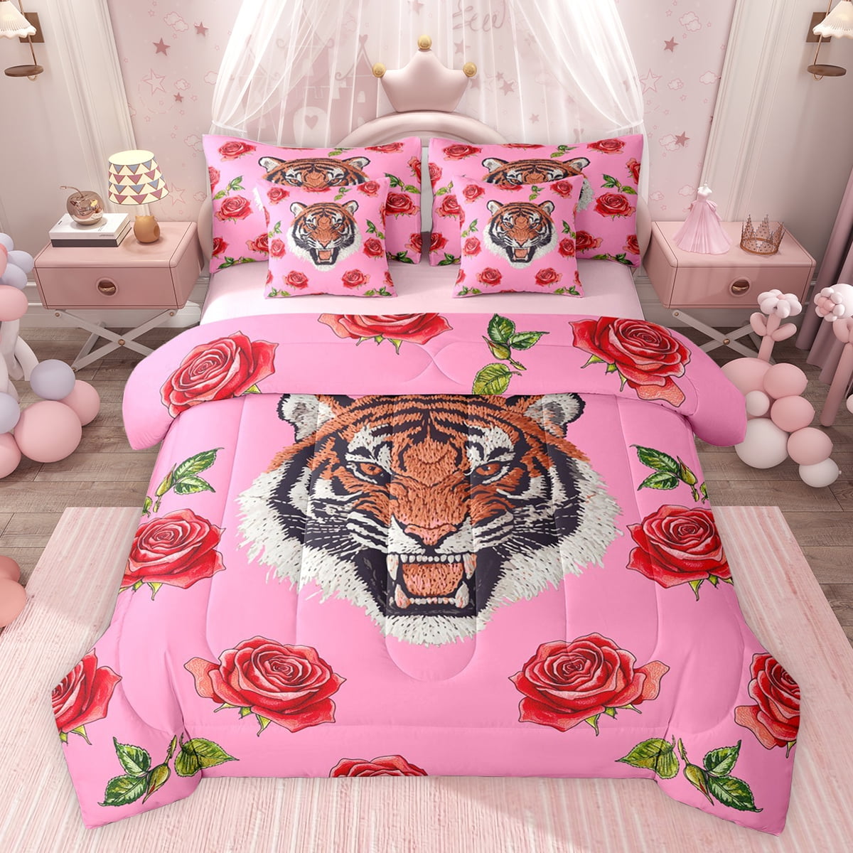 Feelyou Jungle Tiger 7-Piece Queen Bedding Set, Rose Floral Pink Animal ...