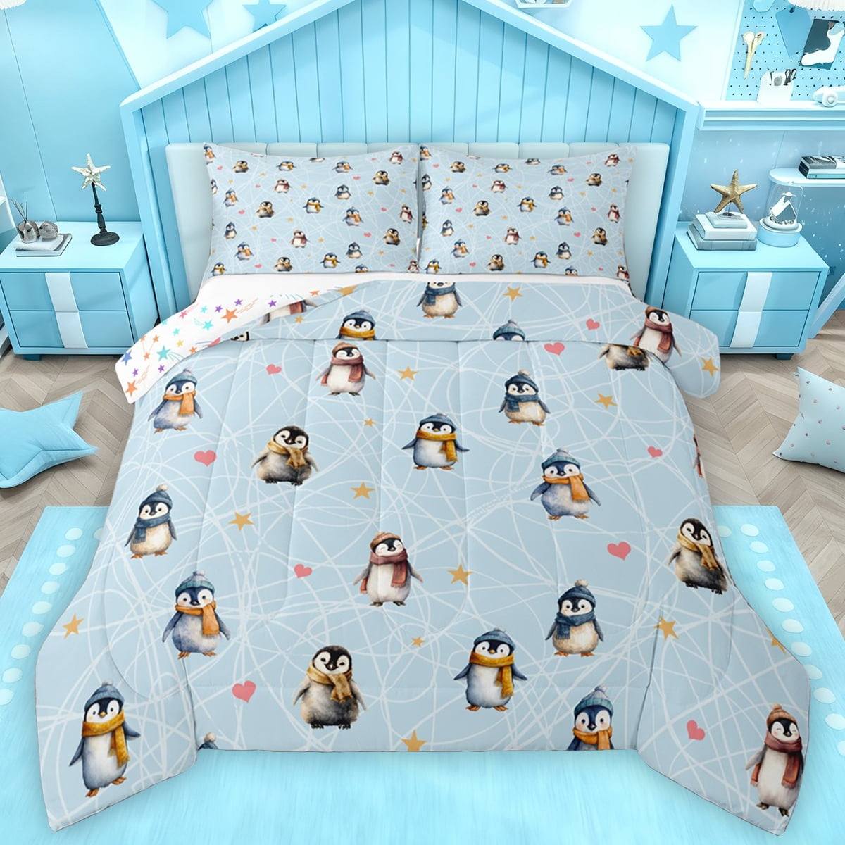 Feelyou Kawaii Antarctic Penguin Full Size Comforter Sets, Stars Love ...