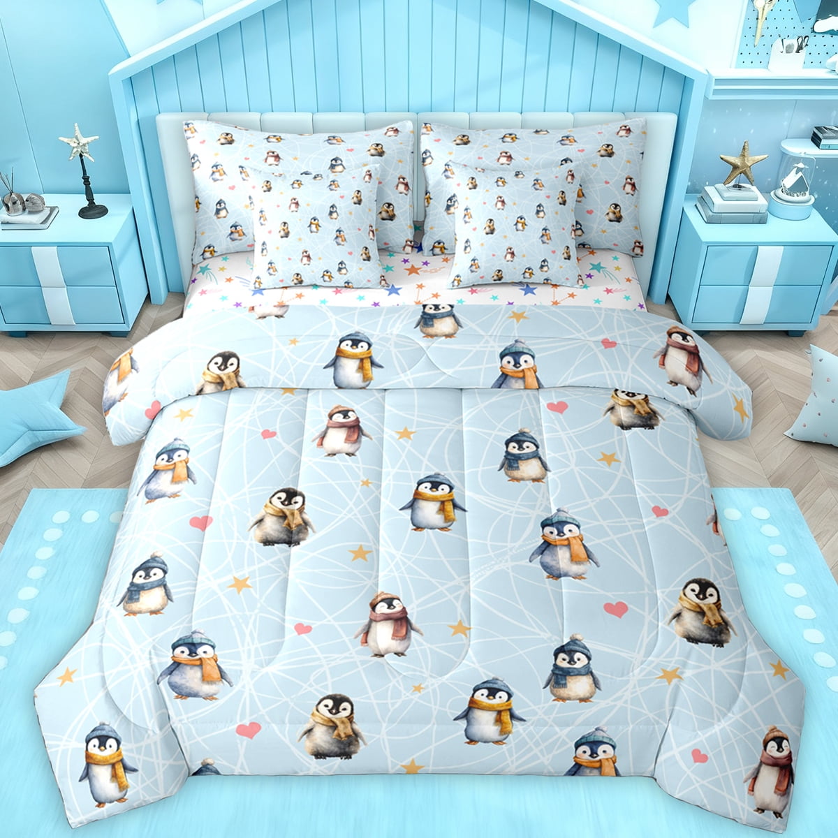 Feelyou Kawaii Antarctic Penguin Twin Bedding Sets 7-Piece, Stars Love ...