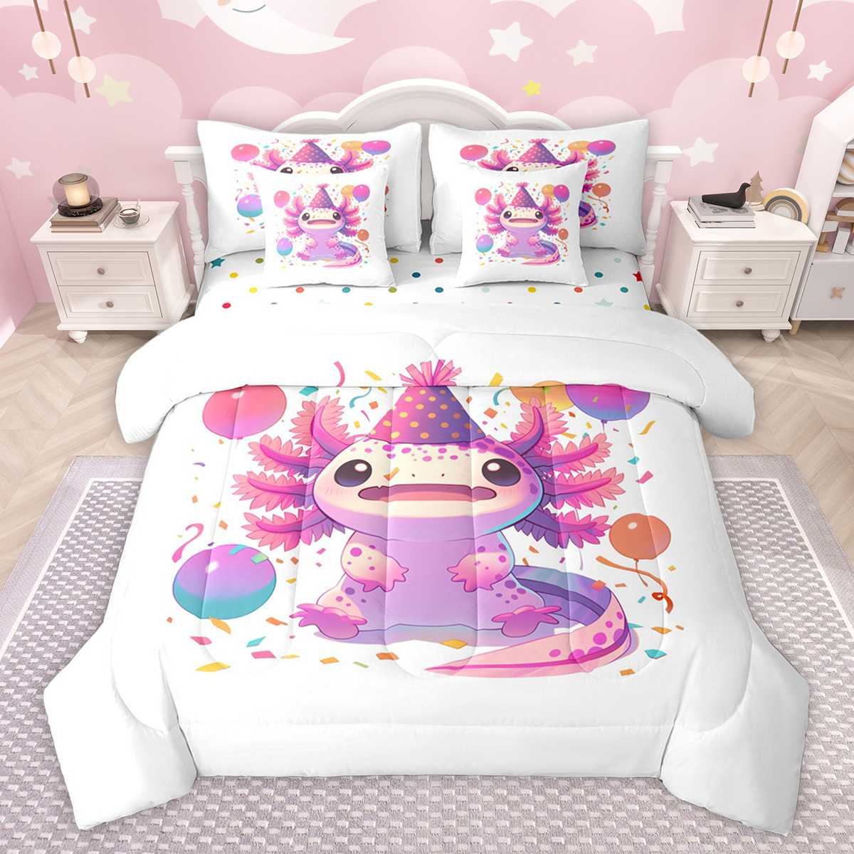 Feelyou Kawaii Axolotl Kids Twin Bedding Sets 7-Piece, Cartoon Pink ...
