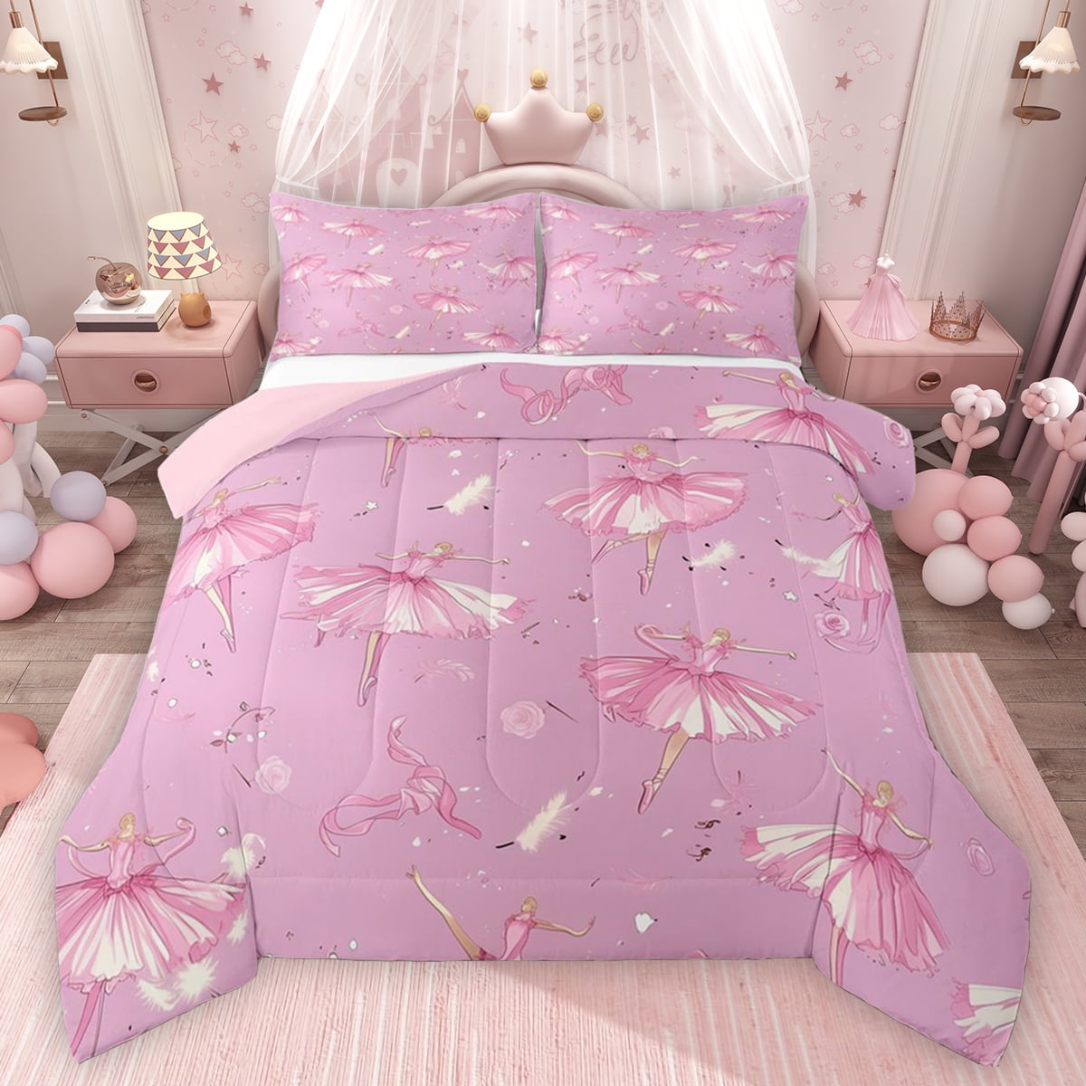 Feelyou Kawaii Ballet Girl Queen Comforter Set, Pink Princess Bowknot ...