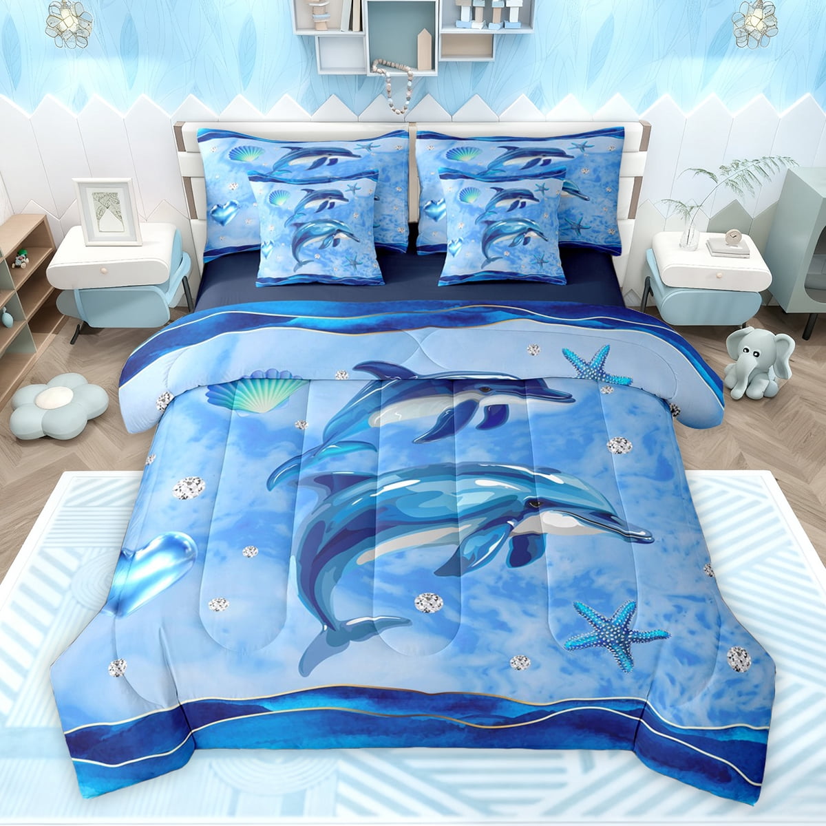Feelyou Kawaii Blue Dolphin Bedding Comforter Set 7 Pieces for Teen ...