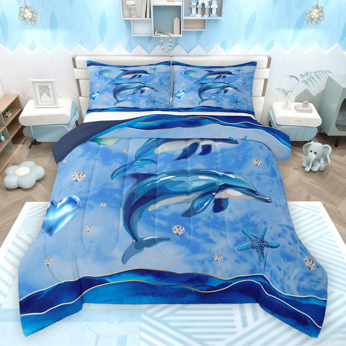 Feelyou Kawaii Blue Dolphin Full Size Comforter Sets for Teen, Cute ...
