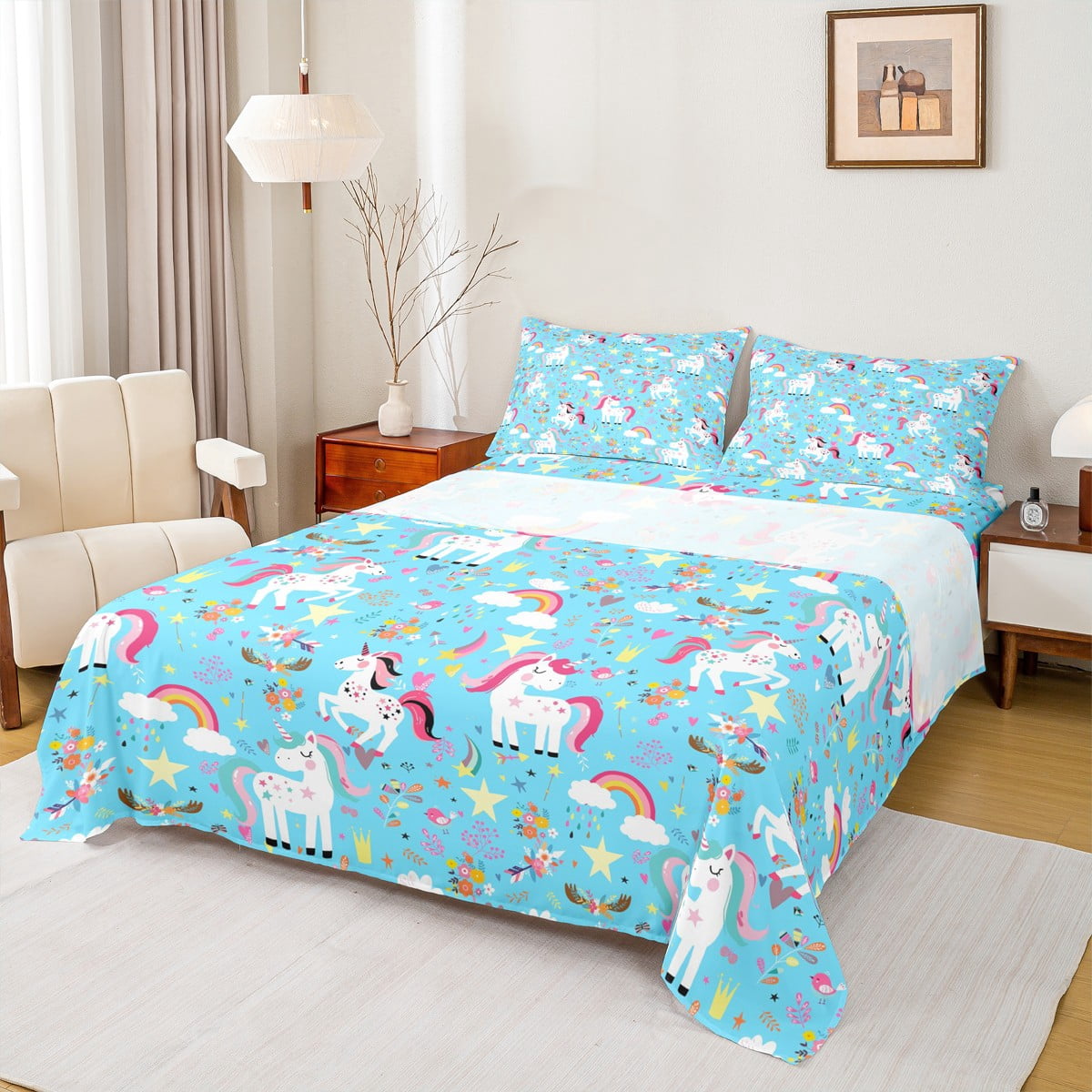 Feelyou Kawaii Blue Unicorn Twin Sheet Sets for Kids, Cartoon Star ...