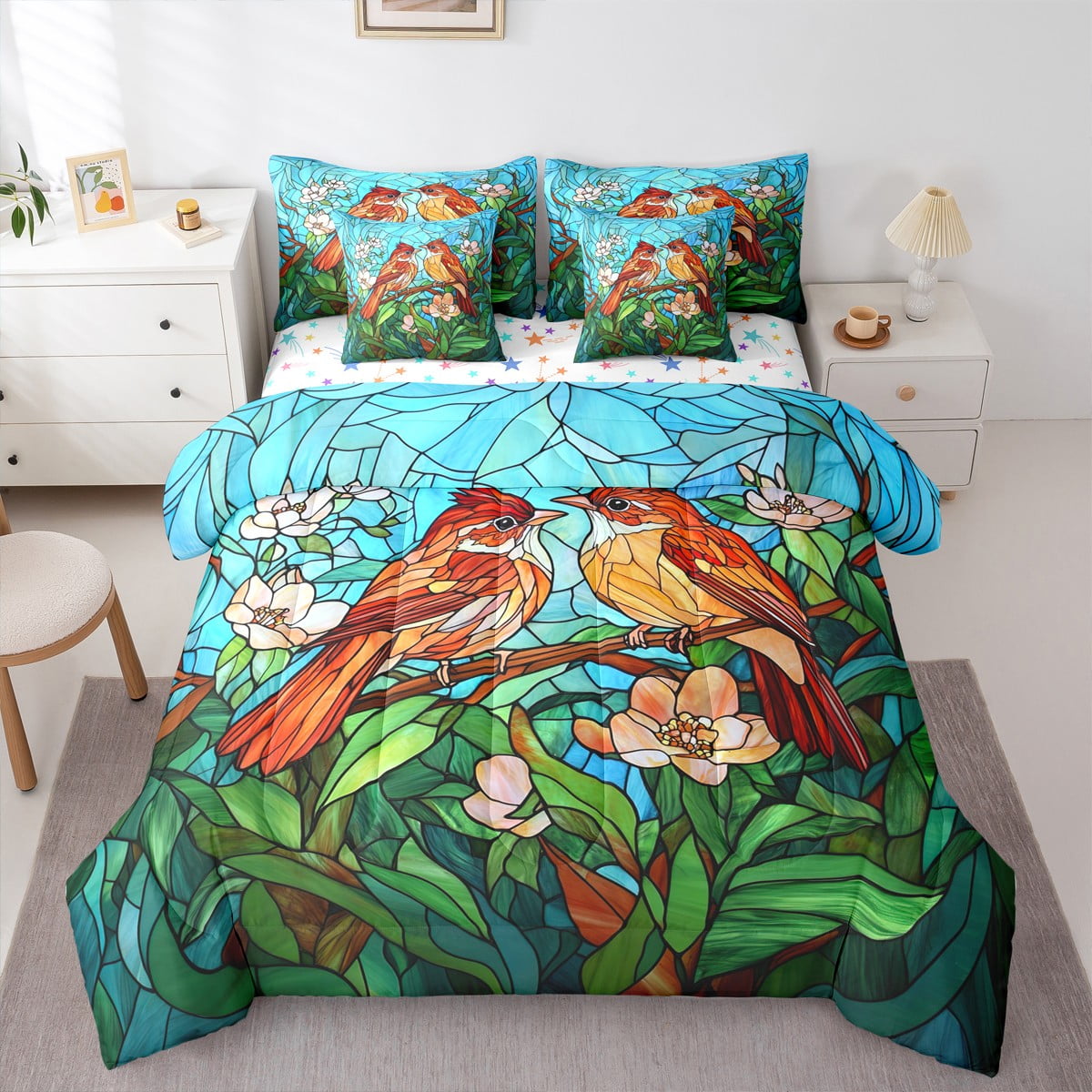 Feelyou Kawaii Boho Bird Bedding Comforter Set 7 Pieces, Jungle Flower ...
