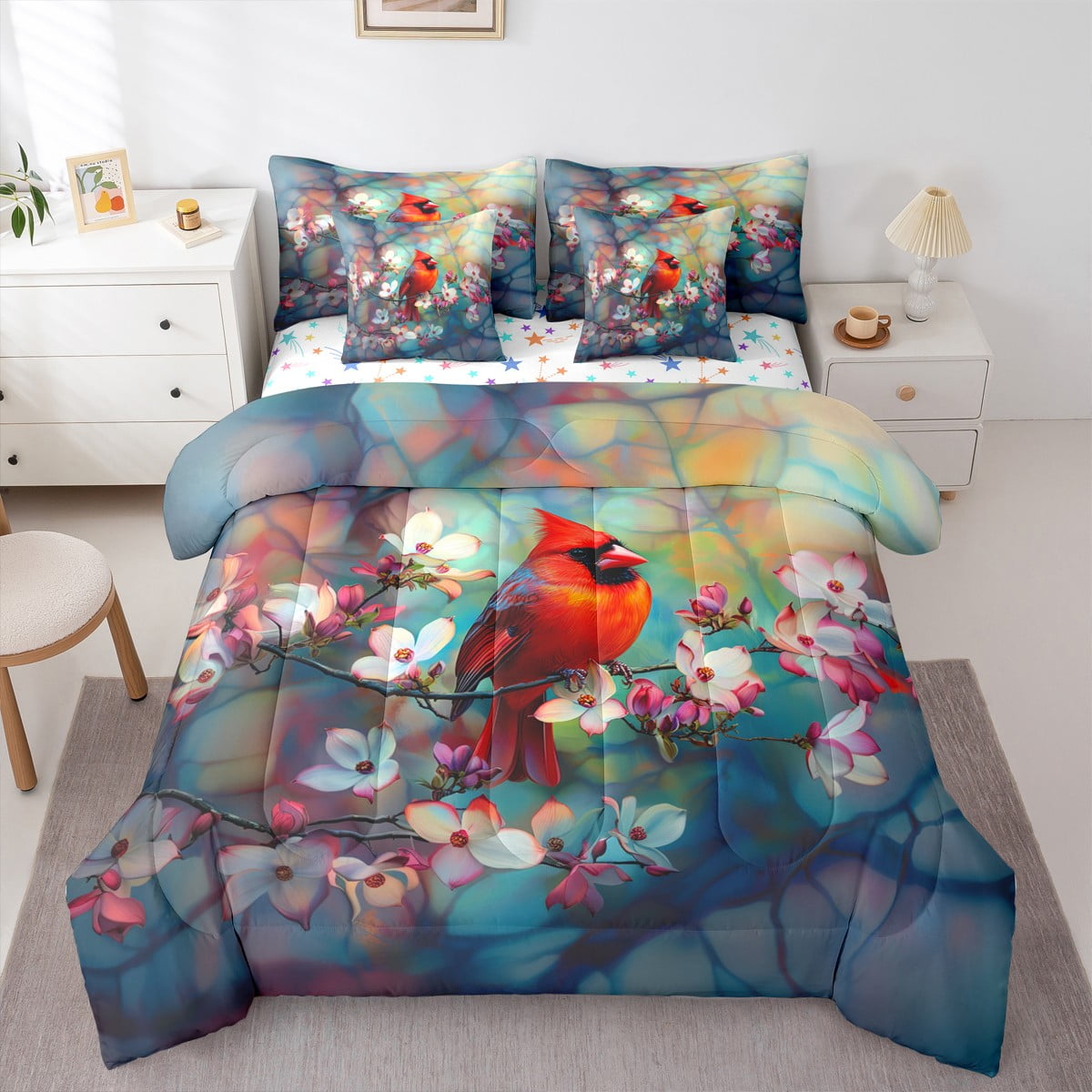 Feelyou Kawaii Boho Bird Bedding Comforter Set 7 Pieces, Retro Blossoms ...