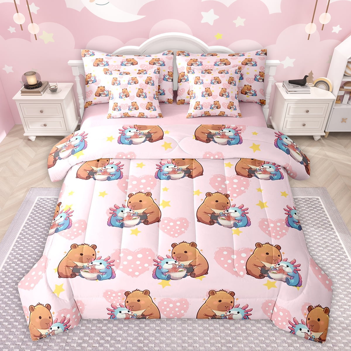 Feelyou Kawaii Capibara Animal Twin Bedding Sets 7-Piece, Cute Ramen ...