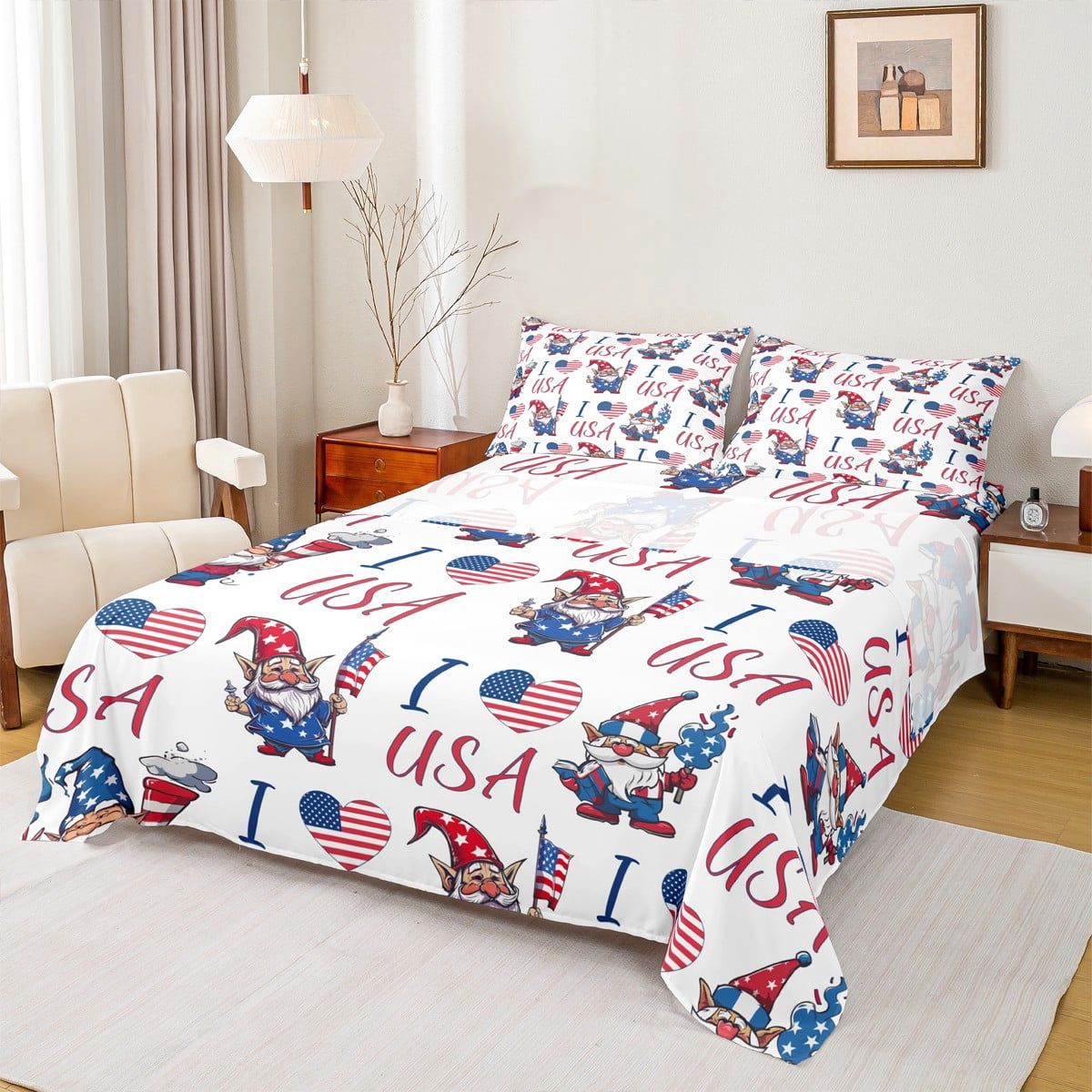 Feelyou Kawaii Cartoon Gnome Full Size Sheets, US Flag Love Heart Bed ...
