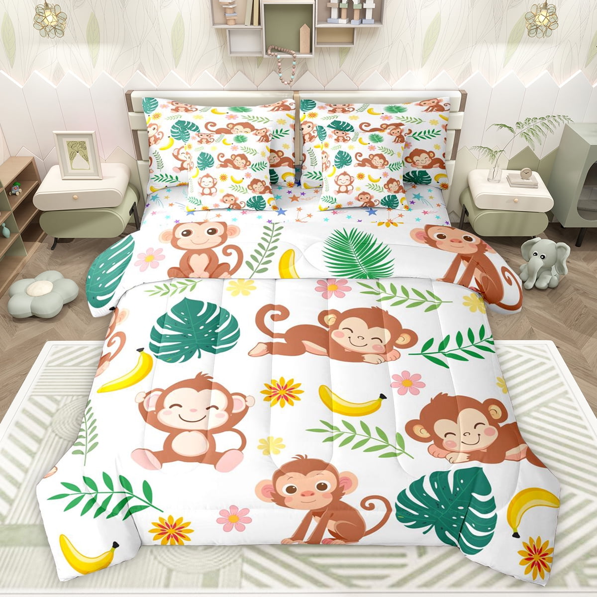 Feelyou Kawaii Cartoon Monkey Bedding Comforter Set 7pcs for Kids ...