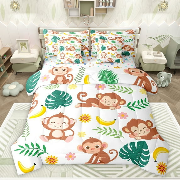 Feelyou Kawaii Cartoon Monkey Bedding Comforter Set 7pcs for Kids ...
