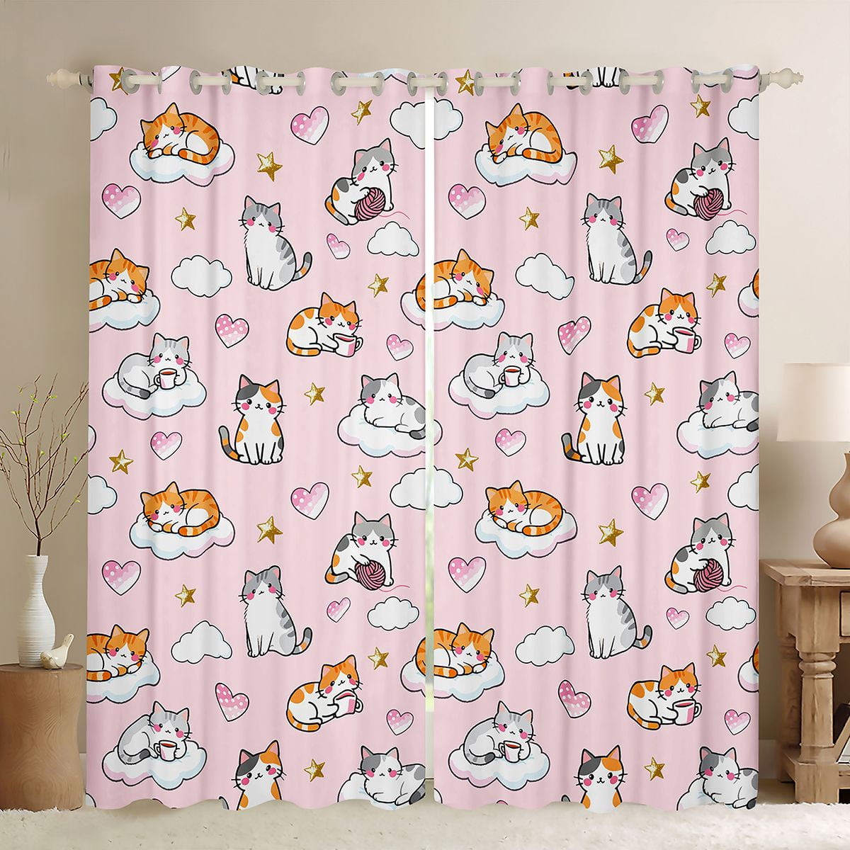 Feelyou Kawaii Cat Animal Blackout Curtains Set of 2 (52x84 Each), Cute ...