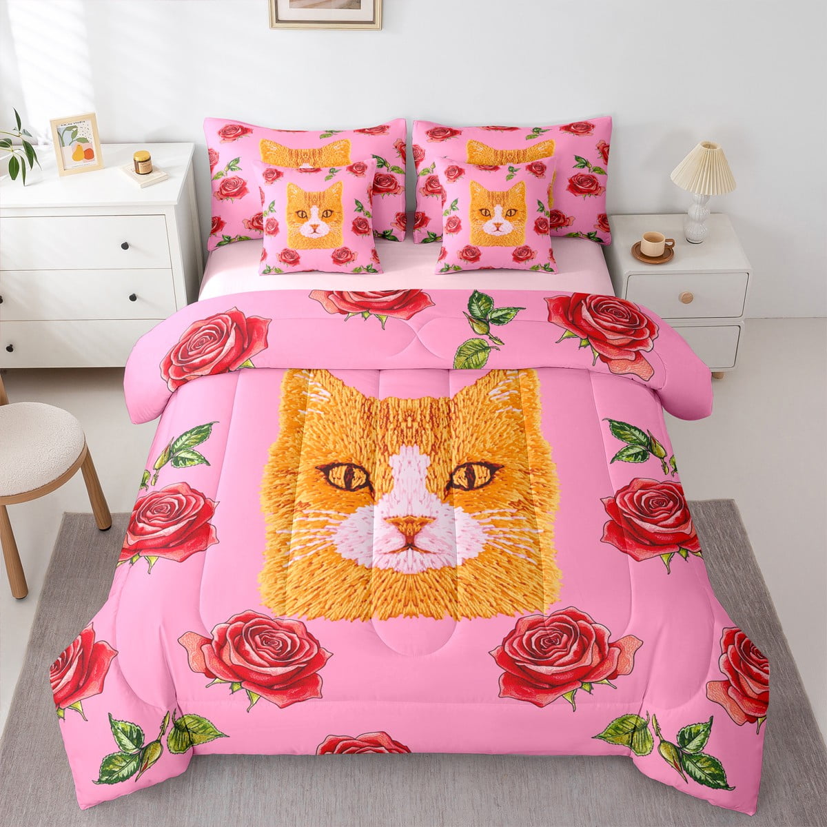 Feelyou Kawaii Cat Kitten Bedding Comforter Set 7 Pieces for Kids, Rose ...