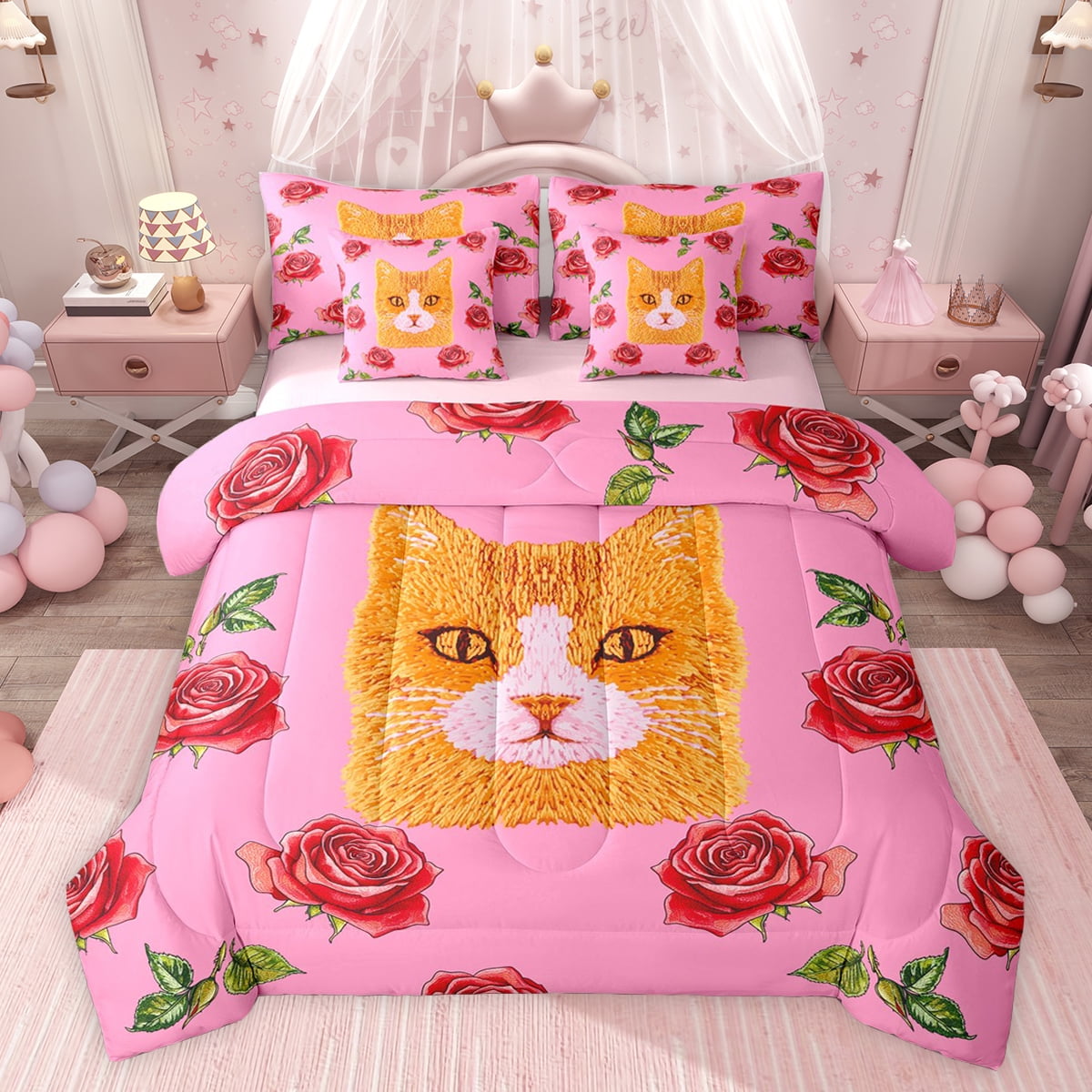 Feelyou Kawaii Cat Kitten Bedding Comforter Set 7 Pieces for Kids, Rose ...