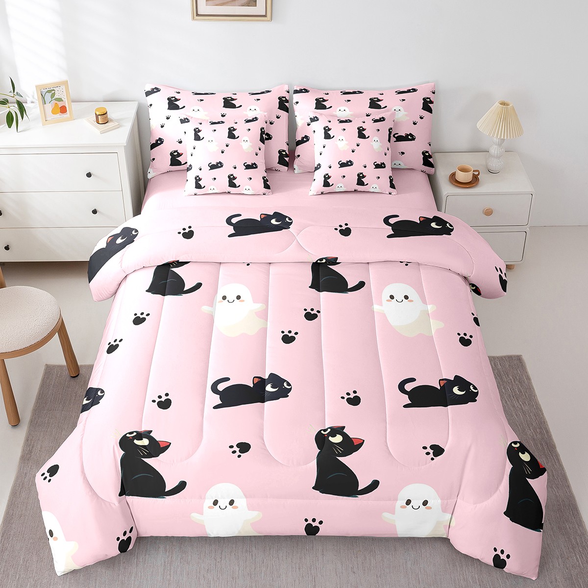 Feelyou Kawaii Cat Kitten Bedding Comforter Set 7pcs for Kids, Cartoon ...