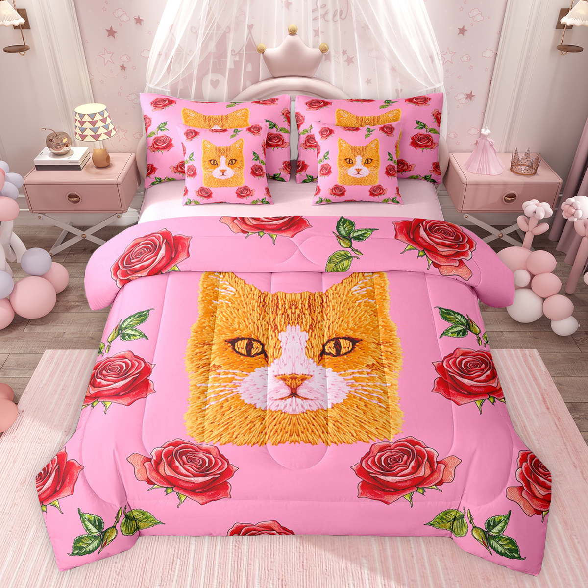 Feelyou Kawaii Cat Kitten Bedding Comforter Set 7pcs for Kids, Rose ...
