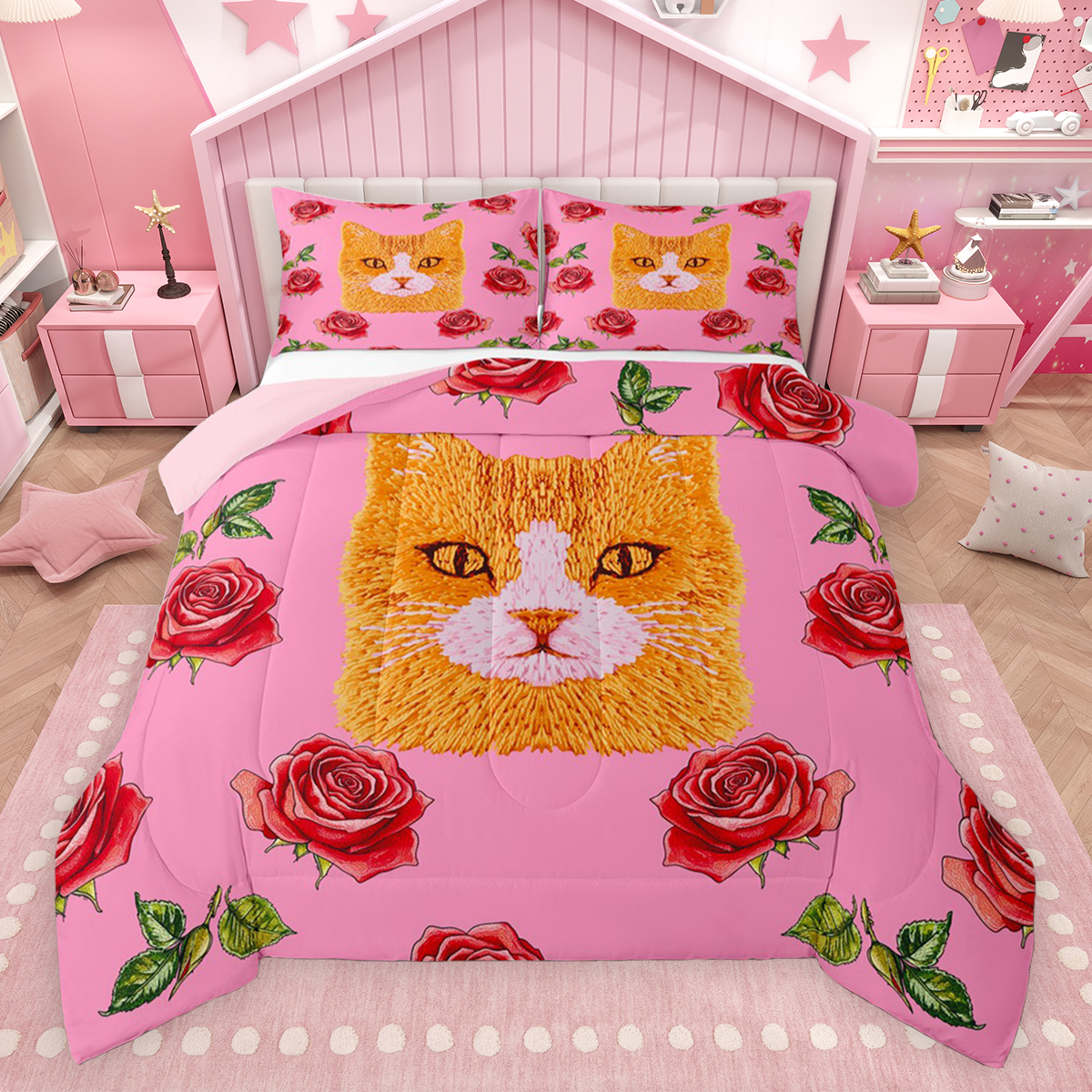 Feelyou Kawaii Cat Kitten Bedding Comforter Set for Kids, Rose Flower ...