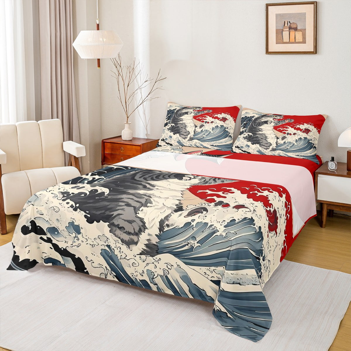 Feelyou Kawaii Cat Kitten Full Size Sheets for Teens, Tokyo Ocean Waves ...