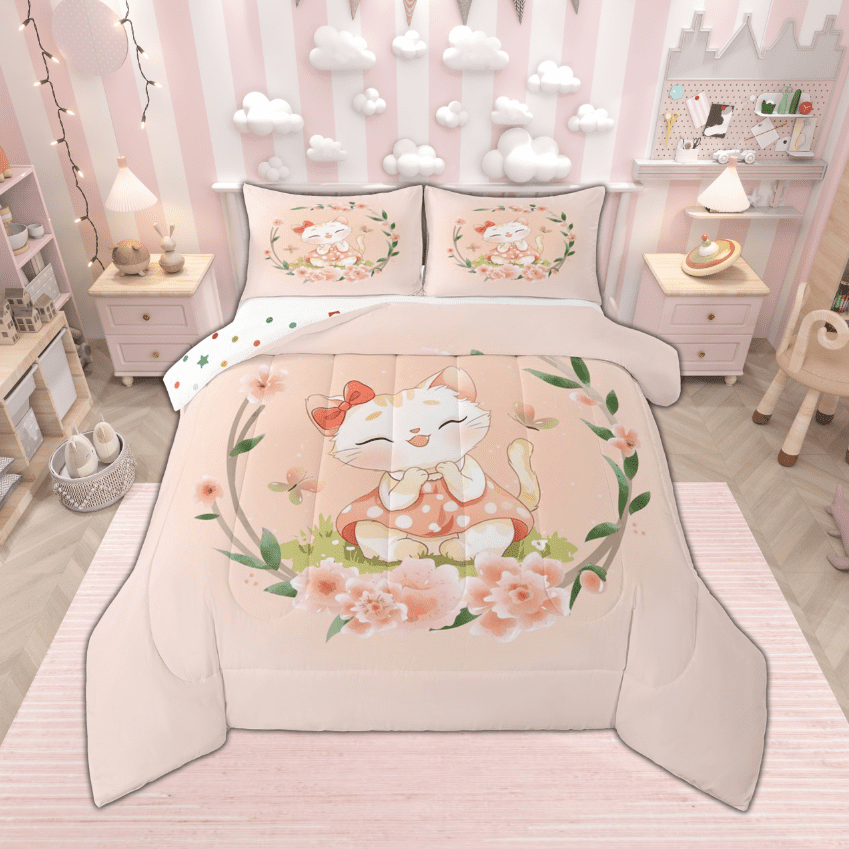 Feelyou Kawaii Cat Kitten Queen Comforter Set, Cartoon Animal Pet ...