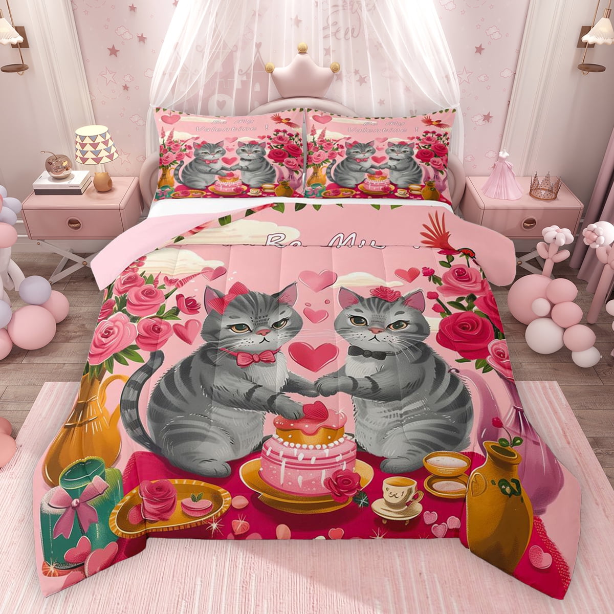 Feelyou Kawaii Cat Kitten Queen Comforter Set for Teen, Love Heart ...