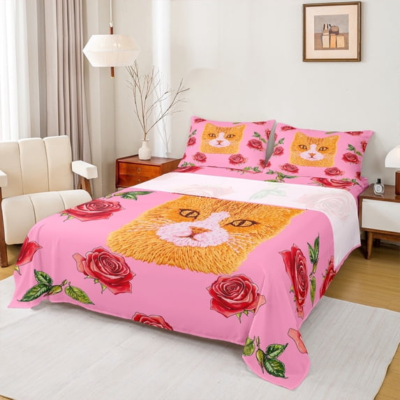 Feelyou Kawaii Cat Kitten Queen Sheet Sets for Kids, Rose Flower Floral ...