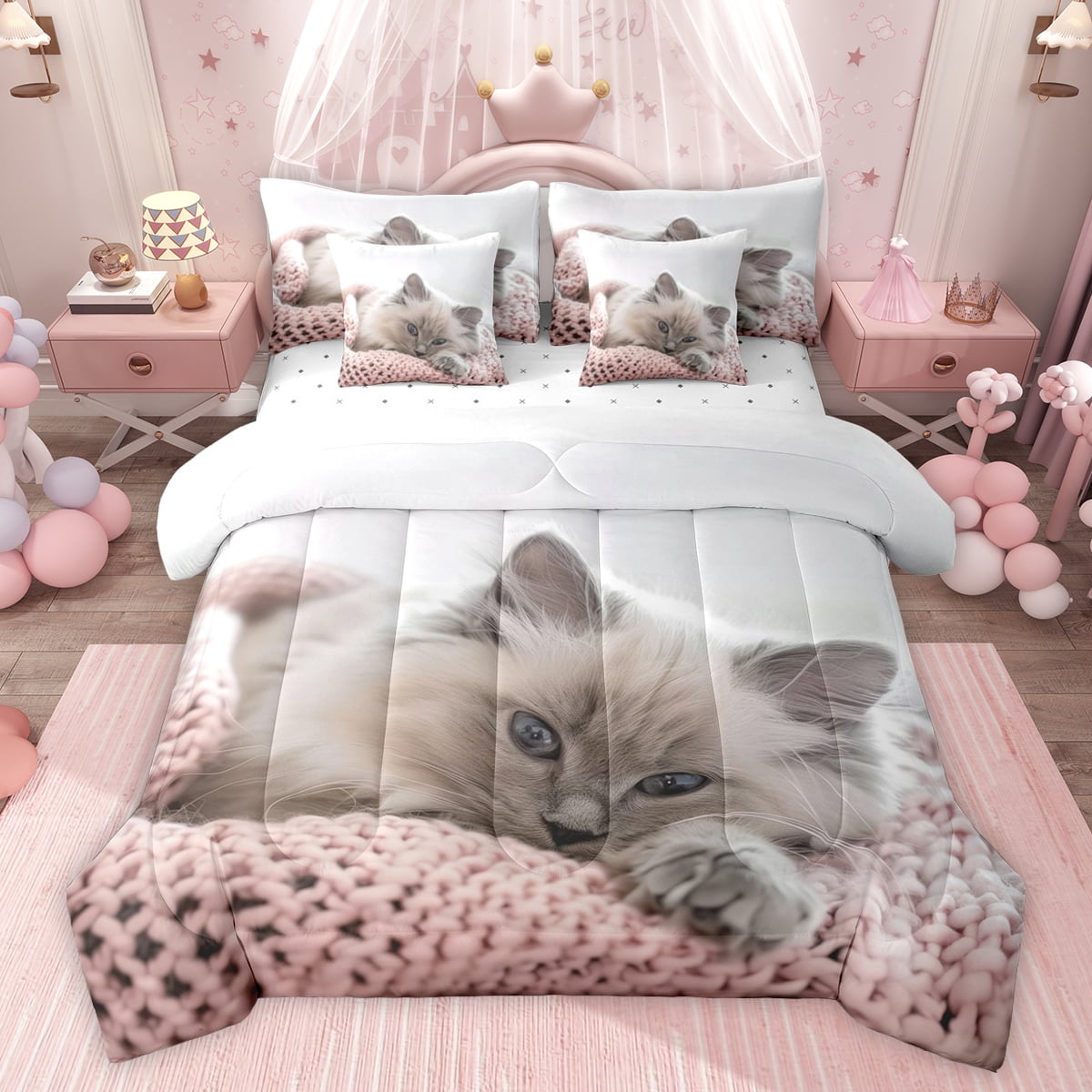 Feelyou Kawaii Cat Kitten Twin Bedding Sets 7-Piece, Cute Cartoon ...