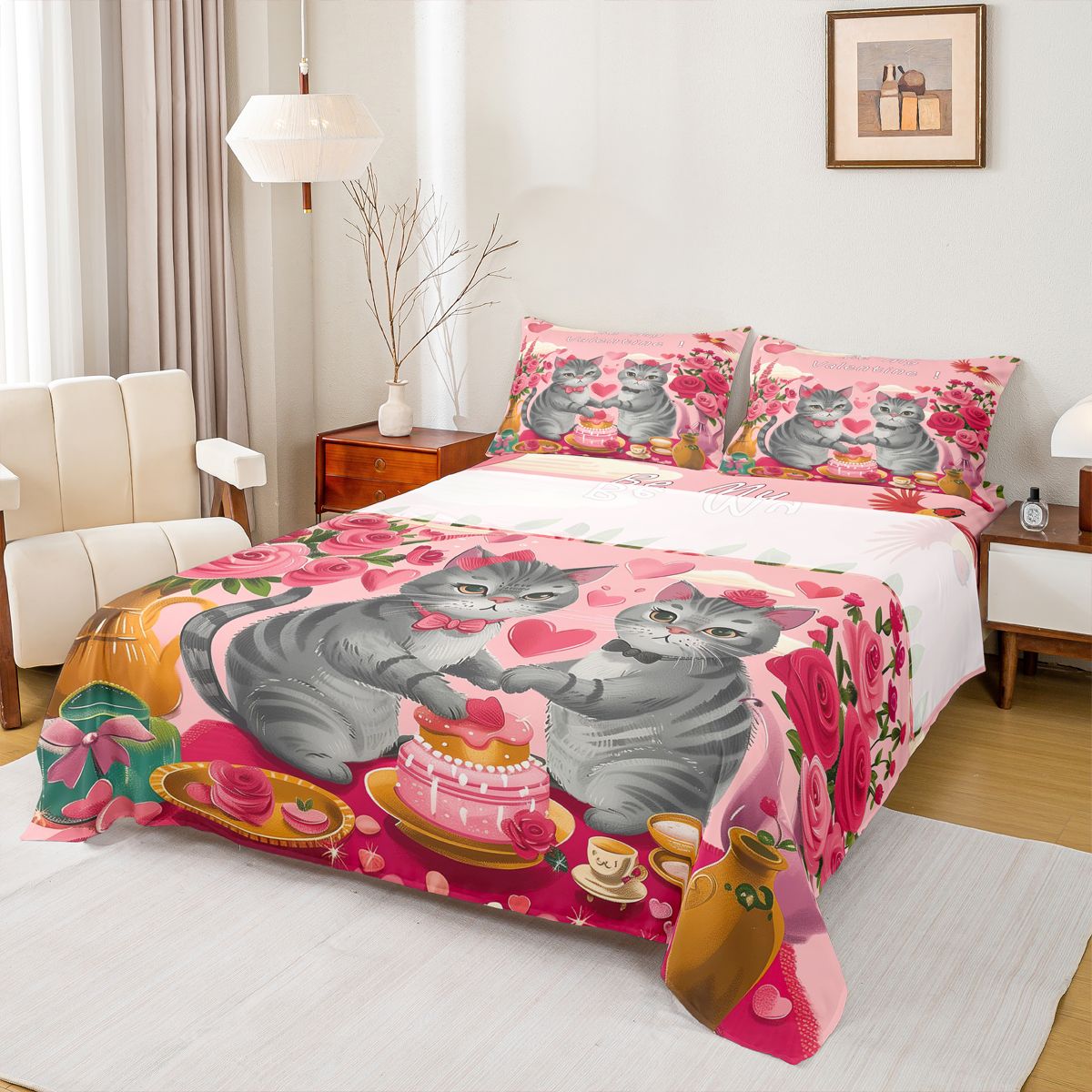Feelyou Kawaii Cat Kitten Twin Sheet Sets for Teen, Love Heart Twin ...