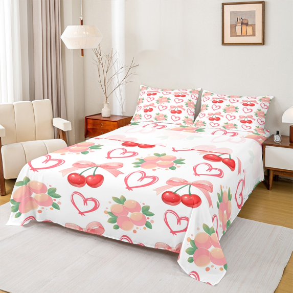 Feelyou Kawaii Cherry Bow-tie Bed Sheets for Kid, Pink Love Heart King ...
