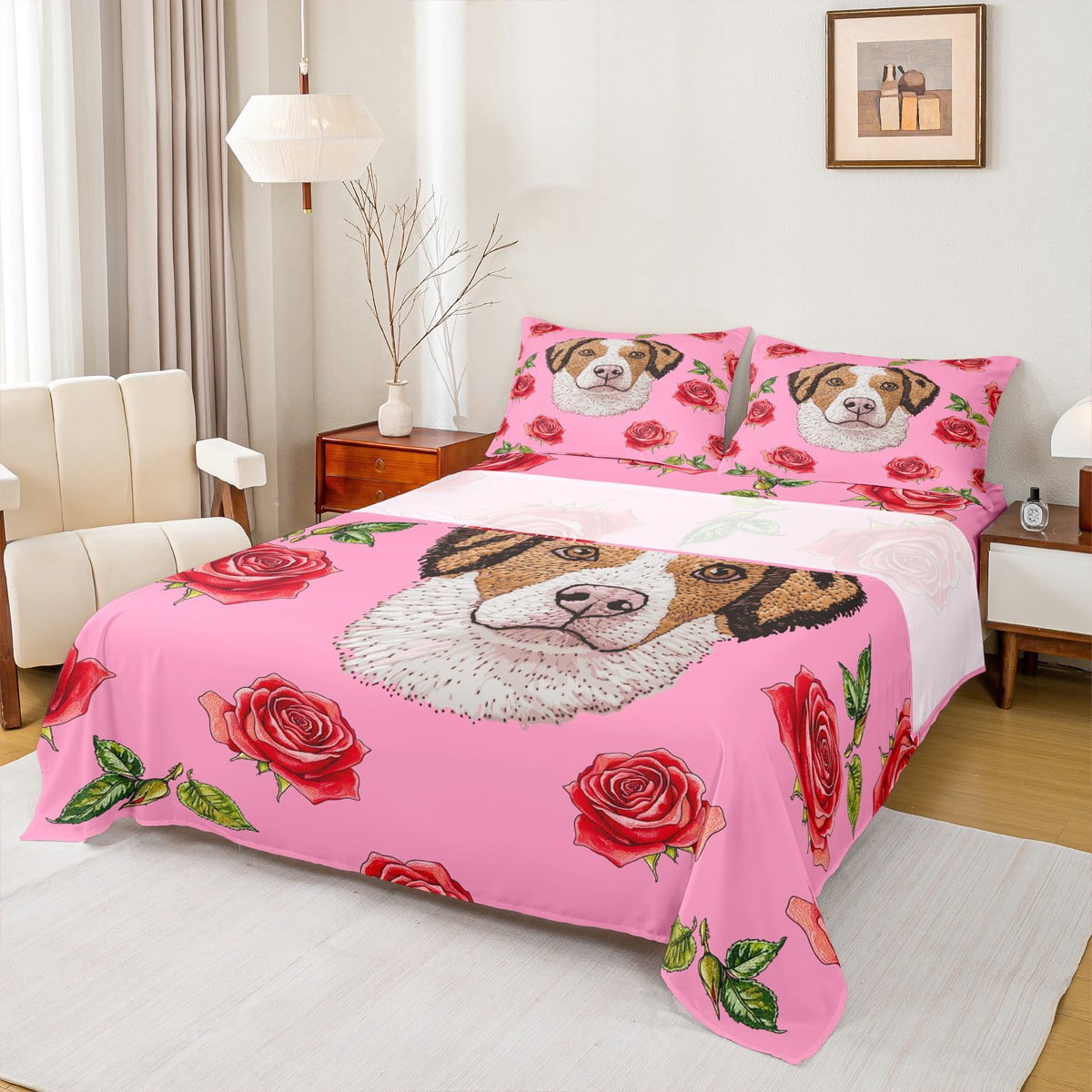 Feelyou Kawaii Dalmatian Dog Full Size Sheets, Fashion Red Rose Floral ...