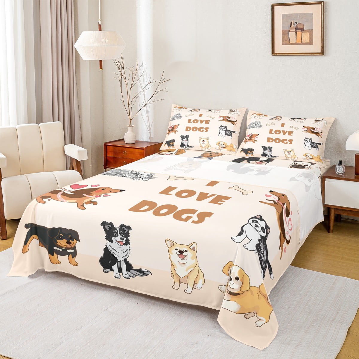Feelyou Kawaii Dogs Full Size Sheets for Kids Children, Cute Pug Corgi Dachshund Bed Sheets, I ...
