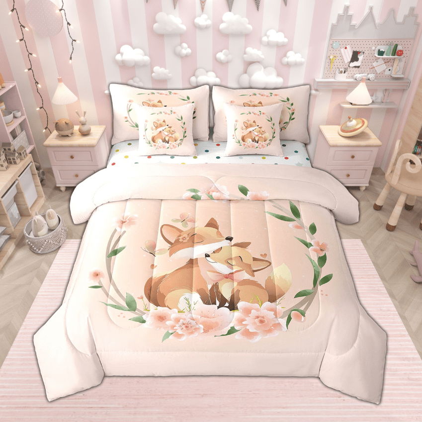 Feelyou Kawaii Fox Bedding Comforter Set 7-Piece, Cartoon Wildlife Full ...