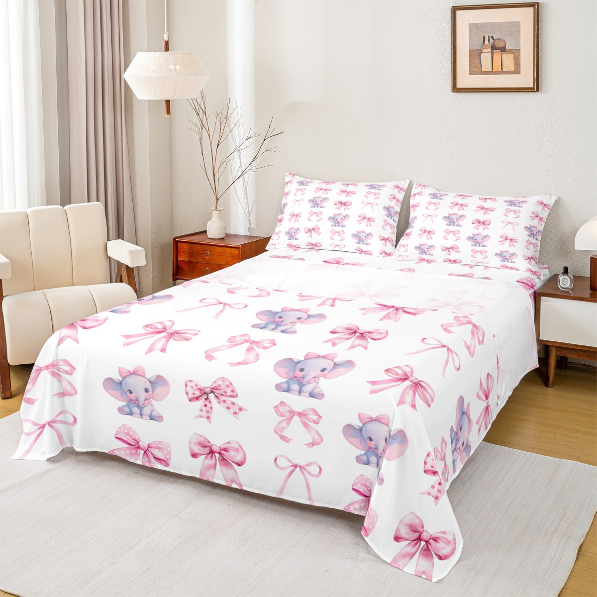 Feelyou Kawaii Girls Bow Tie Queen Sheet Sets, Cute Cartoon Elephant ...