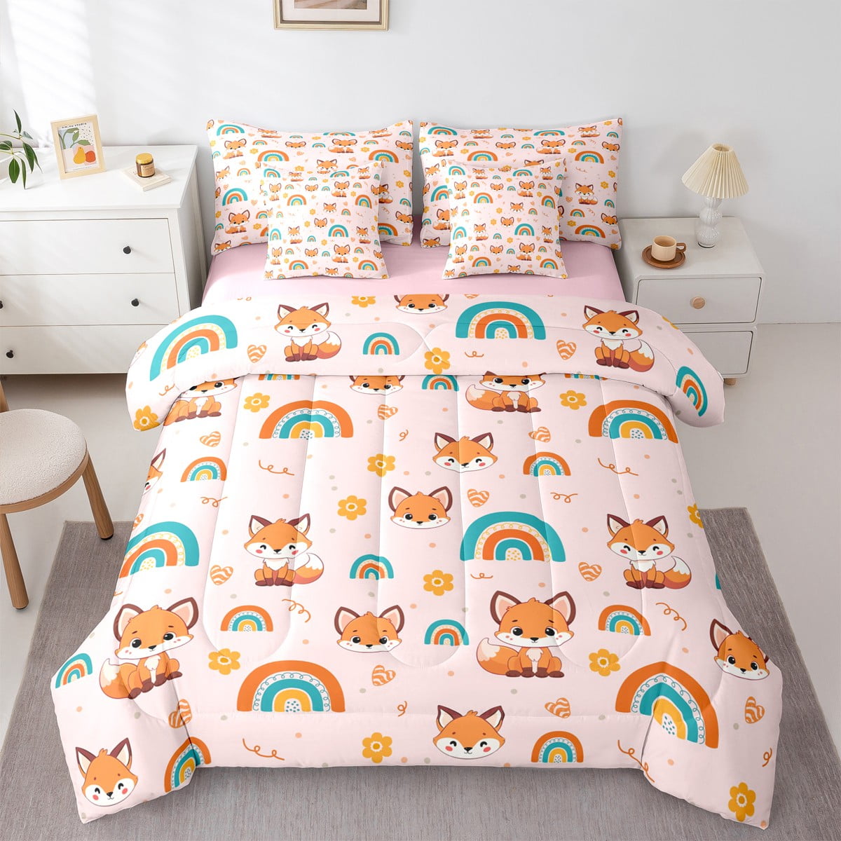 Feelyou Kawaii Gold Fox Bedding Comforter Set 7pcs for Teen, Cartoon ...