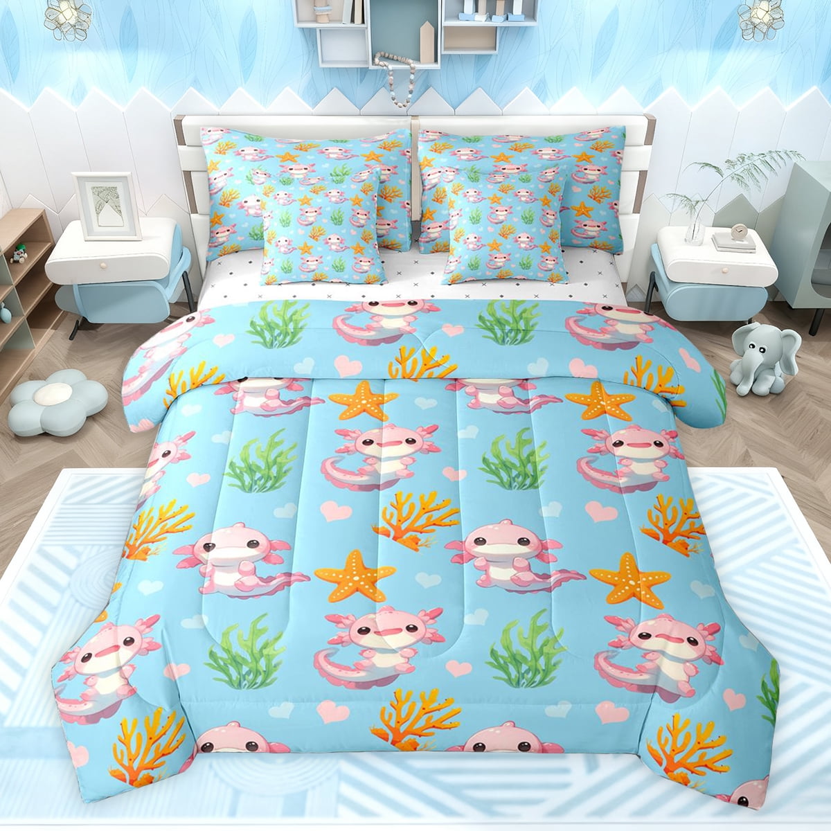 Feelyou Kawaii Marine Axolotl Bedding Comforter Set 7pcs for Kids, Cute ...