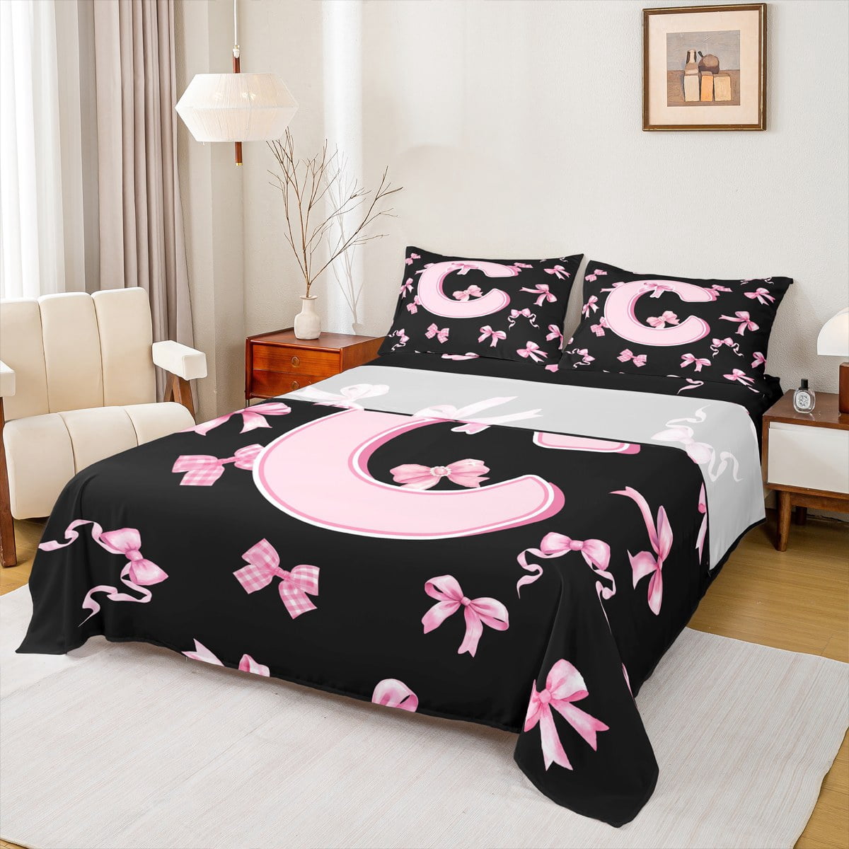 Feelyou Kawaii Monogrammed C Full Size Sheets for Teen, Black Pink Bow ...