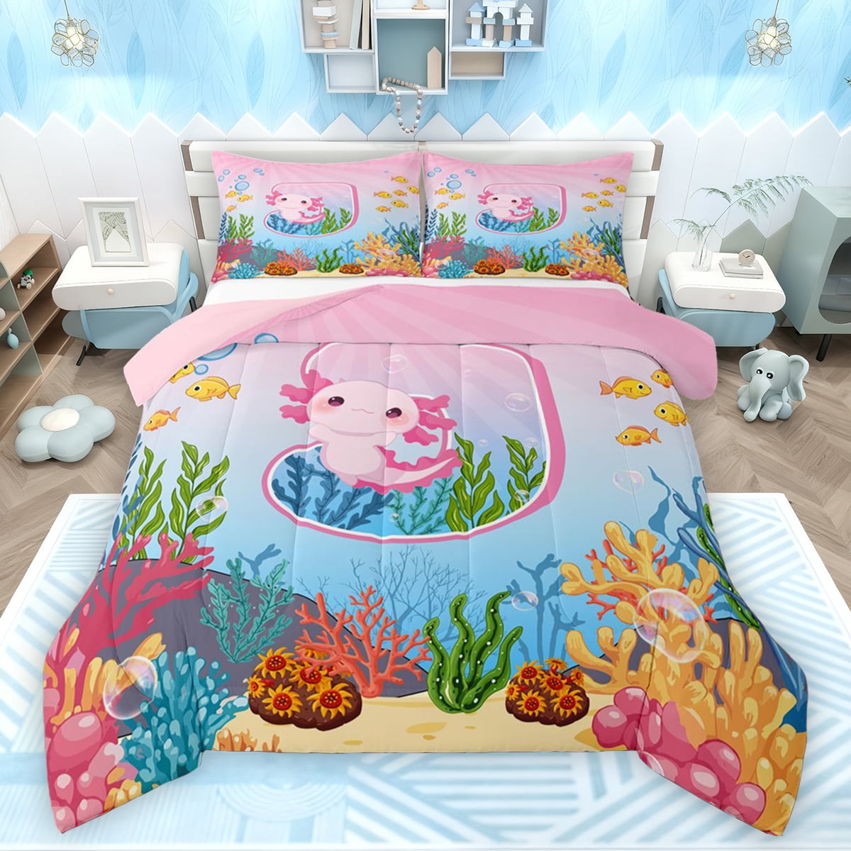 Feelyou Kawaii Ocean Axolotl Queen Comforter Set for Teens, Initial J ...