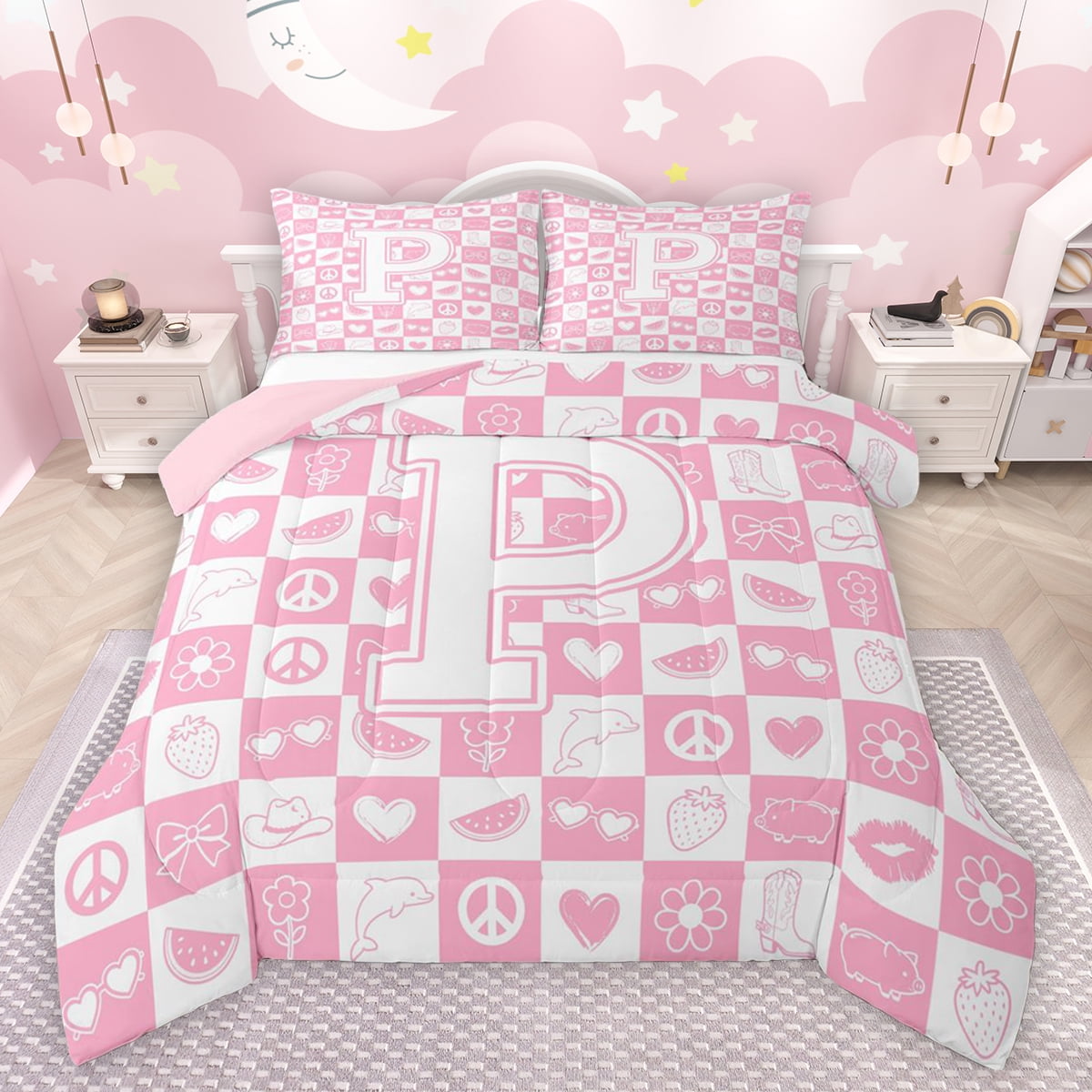 Feelyou Kawaii Pink Buffalo Queen Comforter Set for Girl, Initial P ...