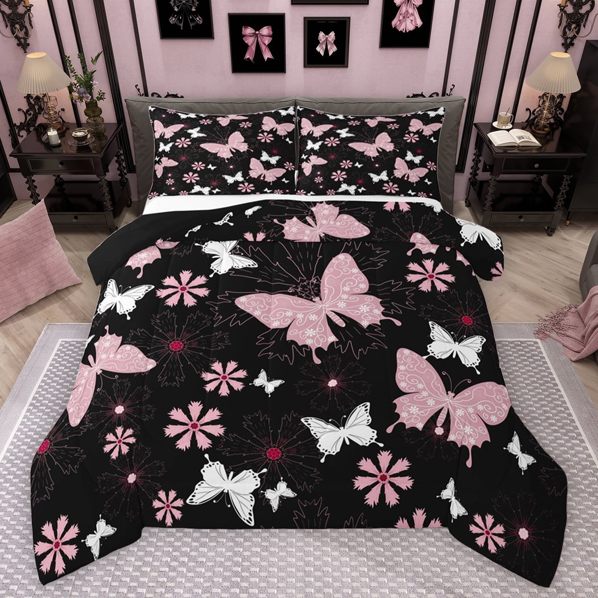 Feelyou Kawaii Pink Butterfly Queen Comforter Set for Teen, Cartoon ...