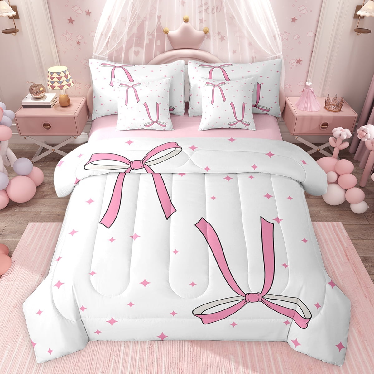 Feelyou Kawaii Pink Ribbon Bedding Comforter Set 7pcs for Kids, Cute ...