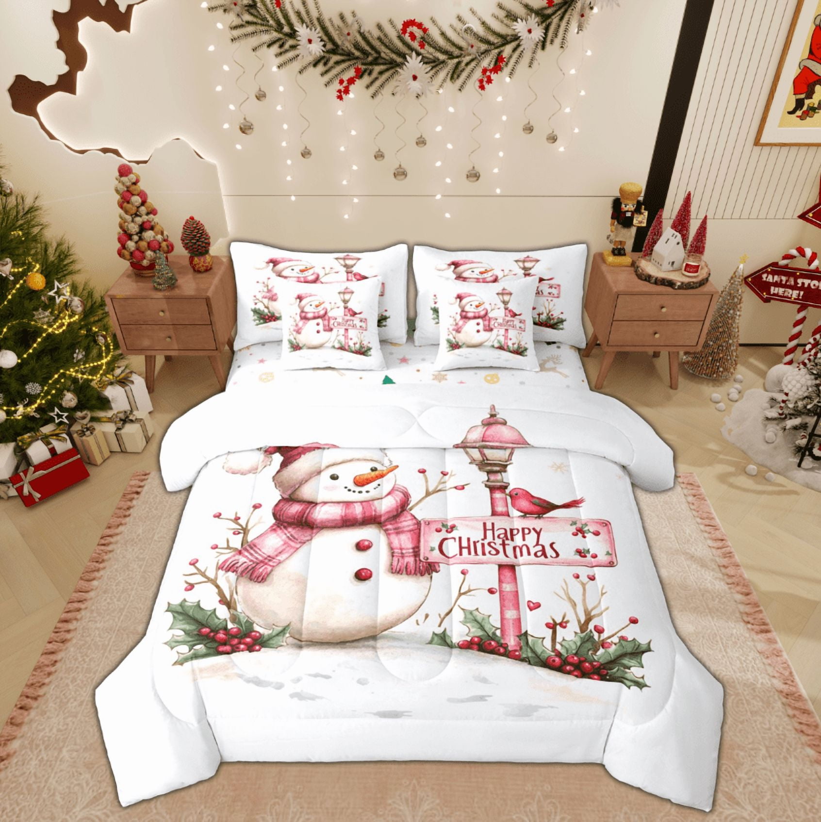 Feelyou Kawaii Pink Snowman Bedding Comforter Set 7pcs, Winter ...