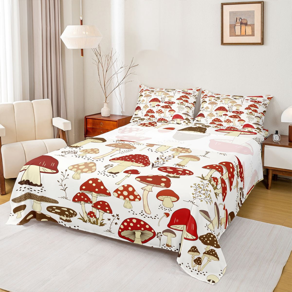 Feelyou Kawaii Red Mushroom Full Size Sheets, Cartoon Botanical Plant ...