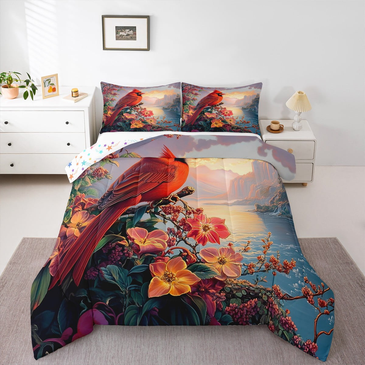 Feelyou Kawaii Robin Bird Bedding Comforter Set for Teen, Dreamy Cherry ...
