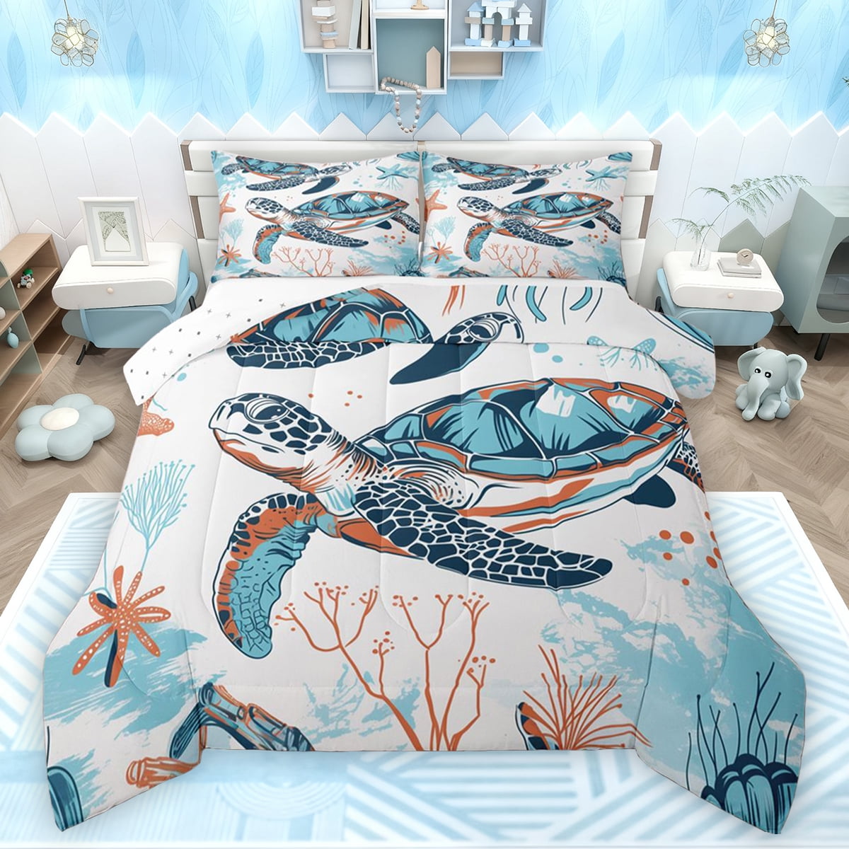 Feelyou Kawaii Sea Turtle Bedding Comforter Set, Cute Marine Sealife ...