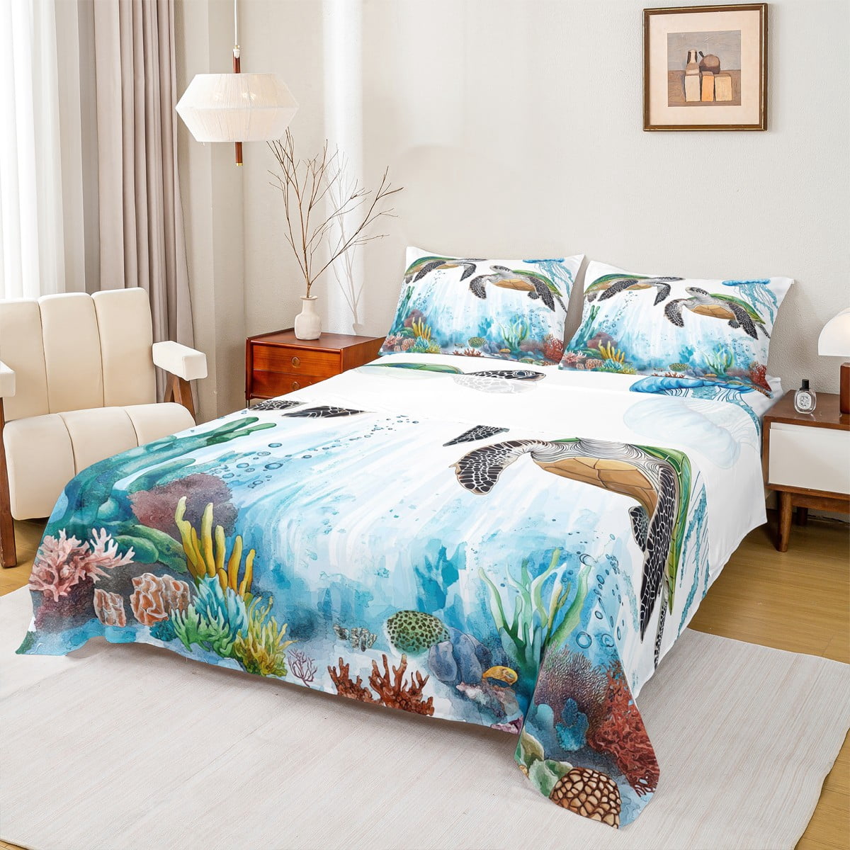 Feelyou Kawaii Sea Turtle Full Size Sheets, Watercolor Ocean Coral Bed ...